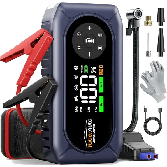 YaberAuto 9-in-1 Jump Starter with Air Compressor 4500A 150PSI Car ...