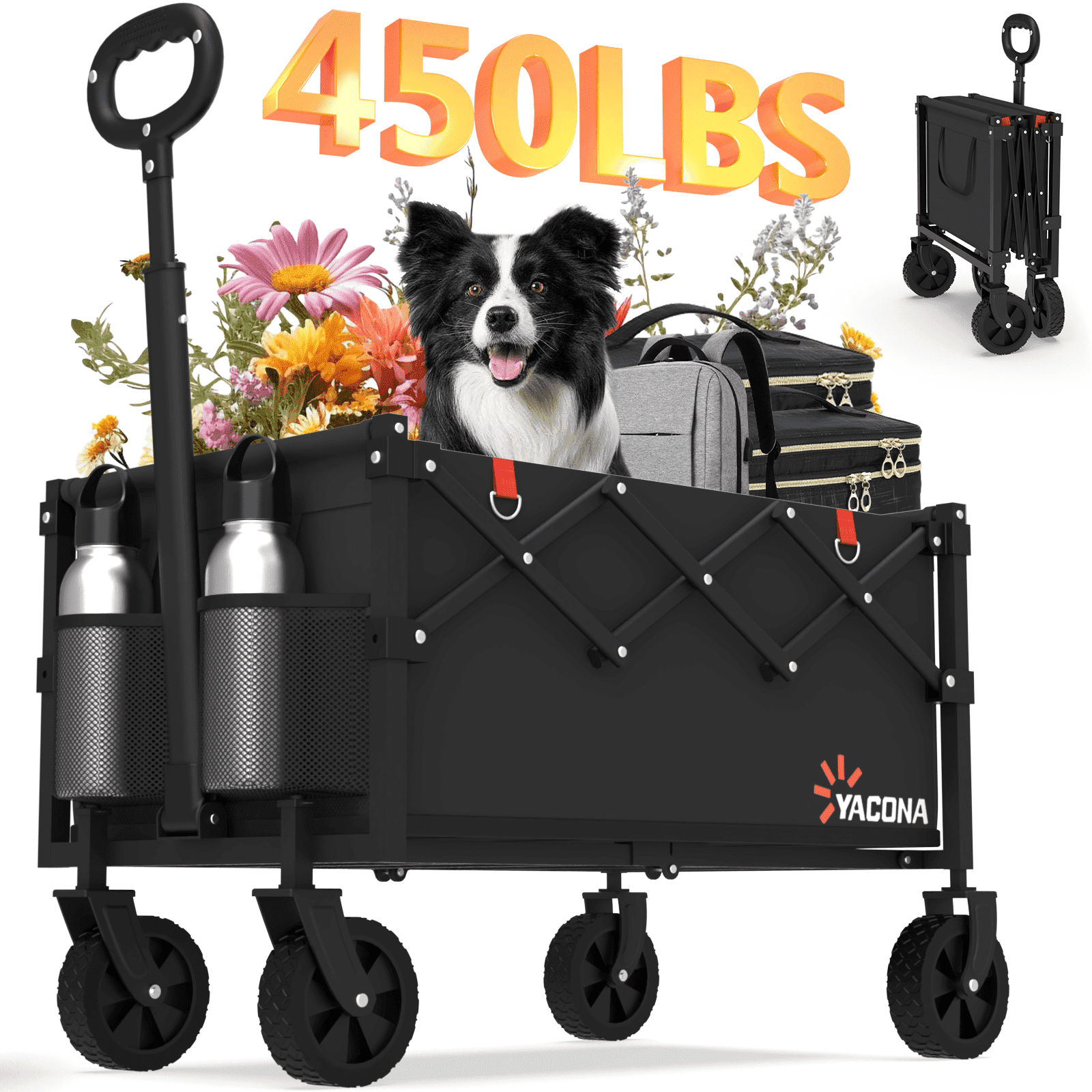Yacona Wagons Carts Foldable, 450 lb Capacity Folding Wagon Cart with ...