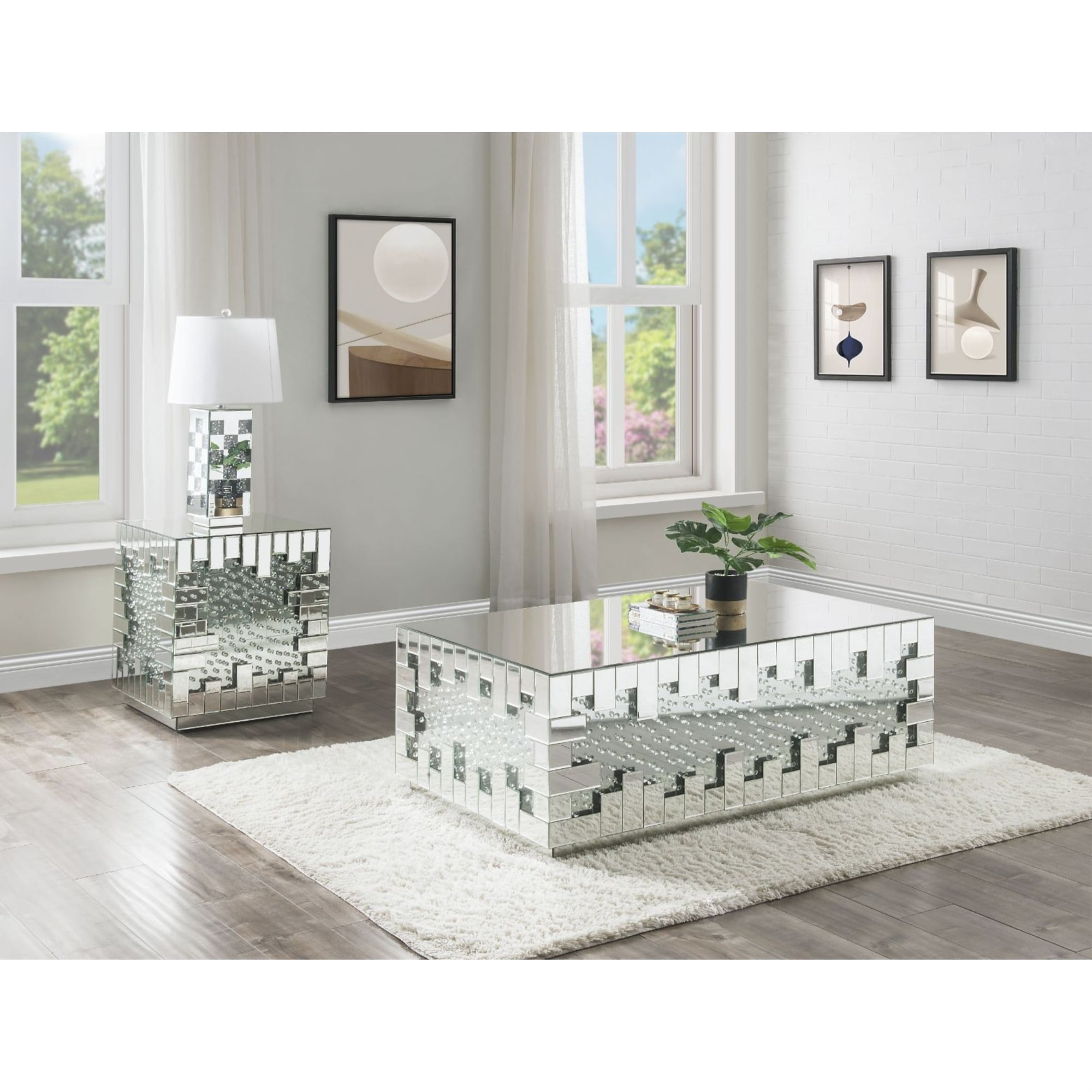 Yadlio End Table, Mirrored & Faux Crystals - Contemporary Cube Accent ...