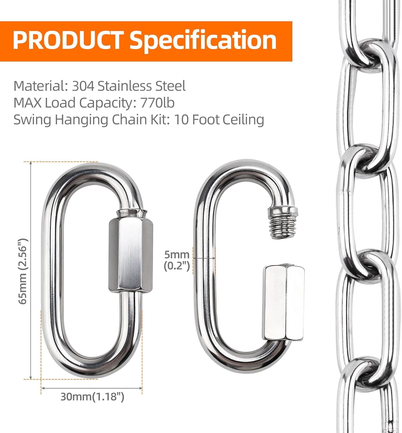 Yaeccc 2 Pack Stainless Steel Porch Swing Hanging Chain Kit 10 Foot ...