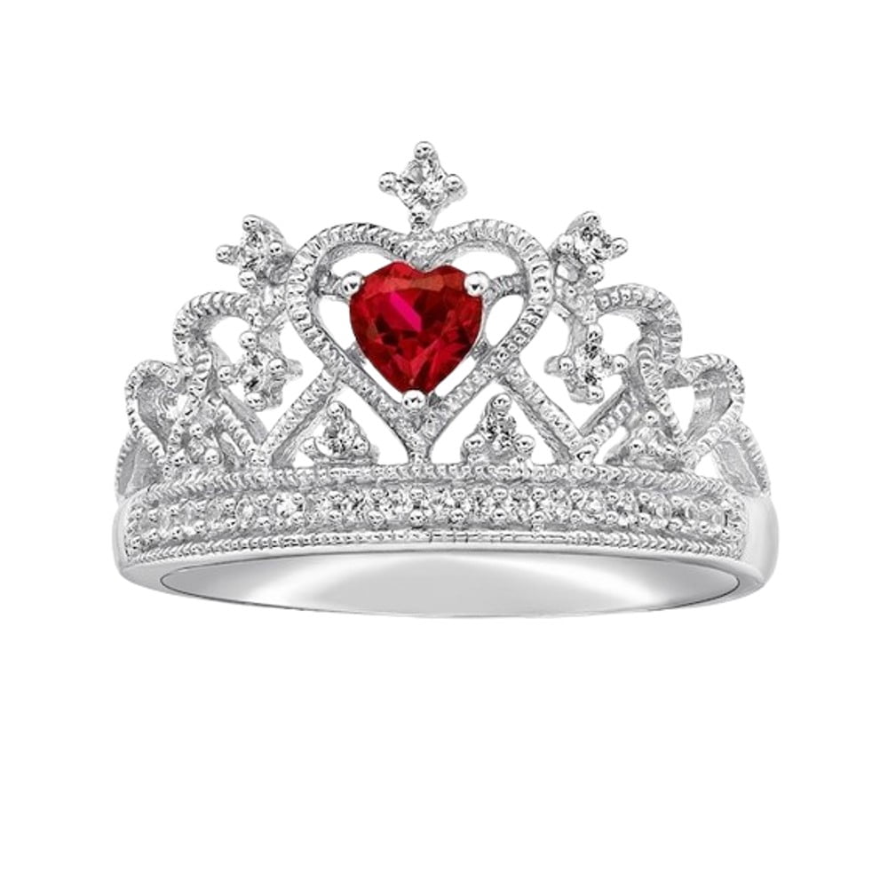 Yafe 18K White Gold-Plated Heart Tiara Crown Ring with Created Red Ruby ...