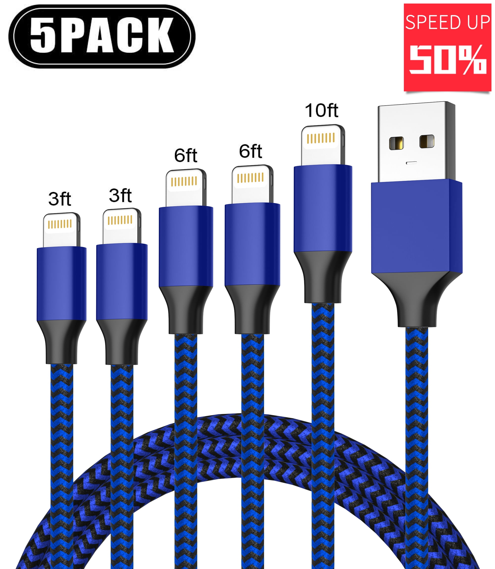 Yafe 5 Pack iPhone Charger, 3FT 6FT 10FT Braided Charging Cords ...