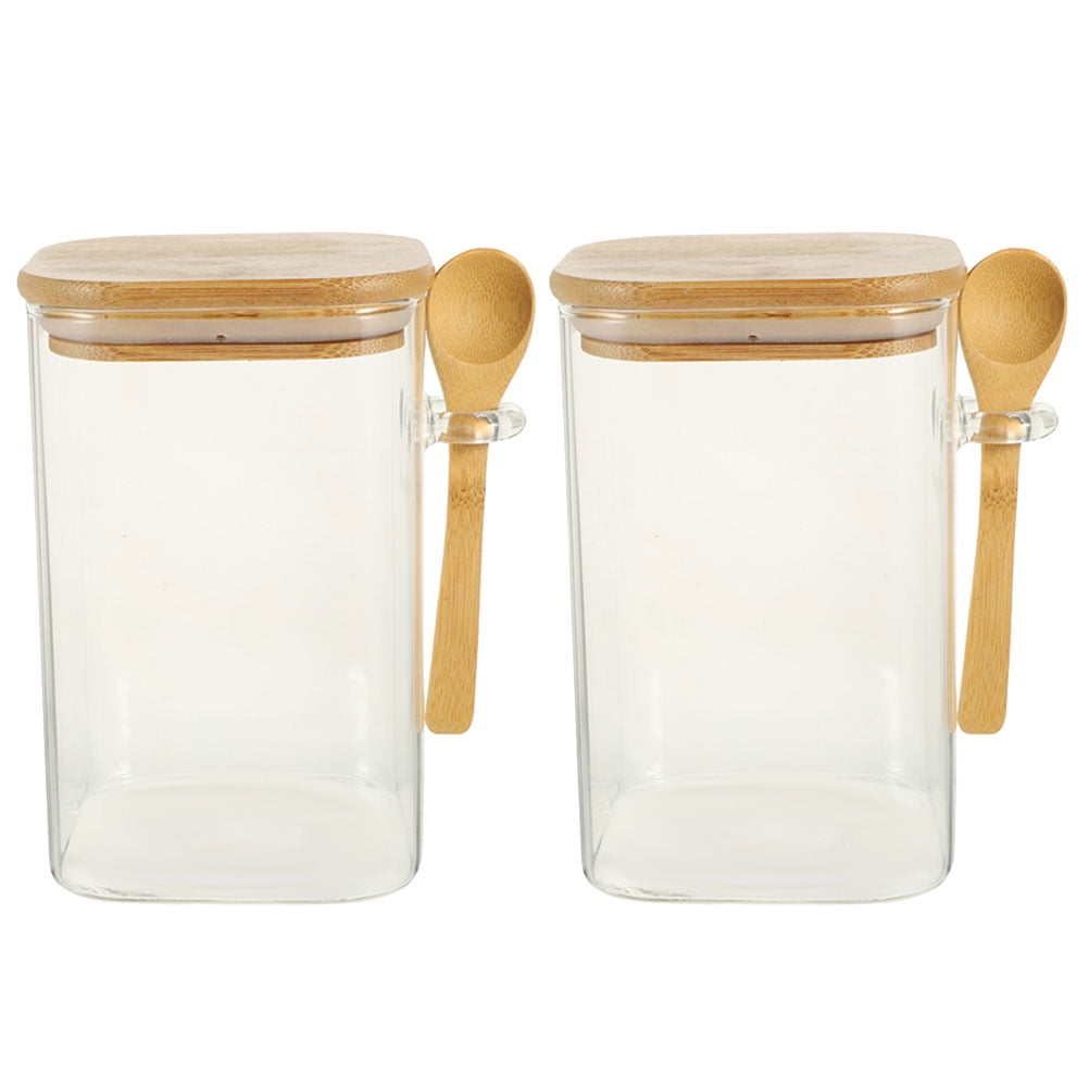OUNONA 2 Sets Glass Storage Jar Wood Lid Airtight Sealed Clear Coffee ...