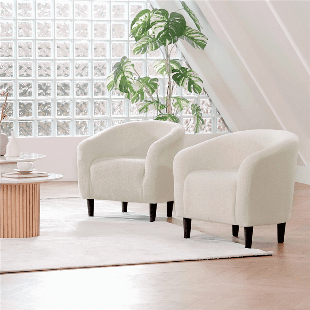 Yaheetech 2pcs Upholstered Club Chair Accent Barrel Chair, Ivory ...