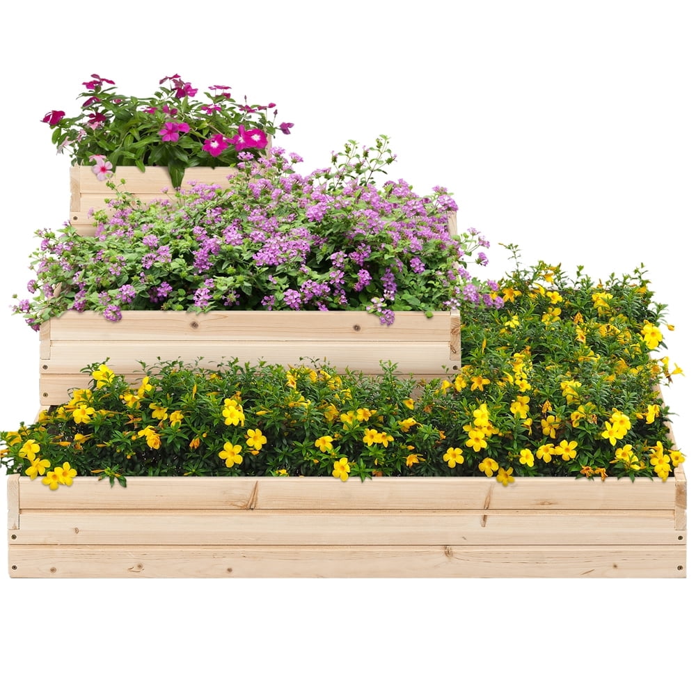 Yaheetech 3-Tier Elevated Garden Bed, Fir Wood Planting Box for Flowers ...