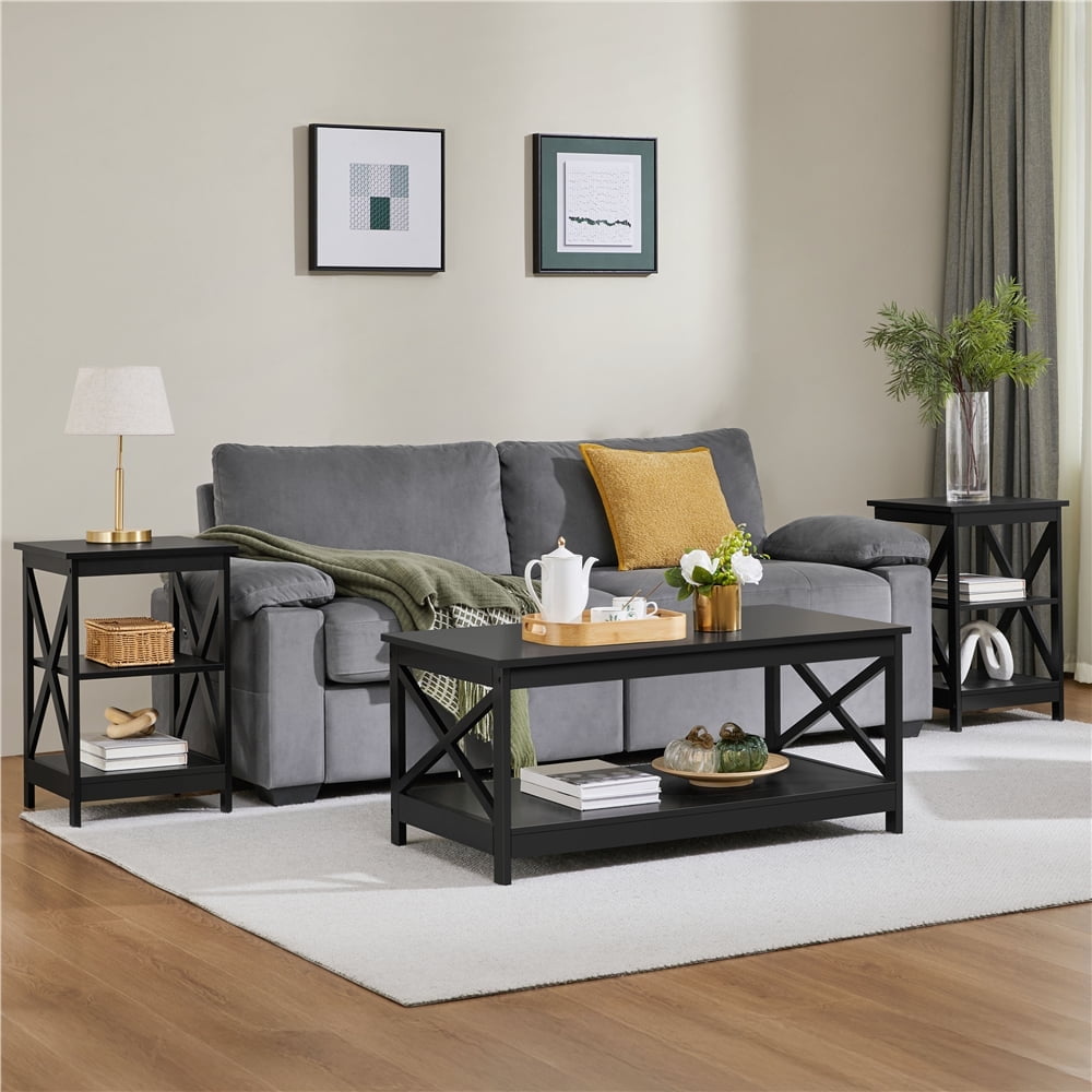 Yaheetech 3 Tier Wooden Sofa Side Tables with X Shaped Frame, Black ...