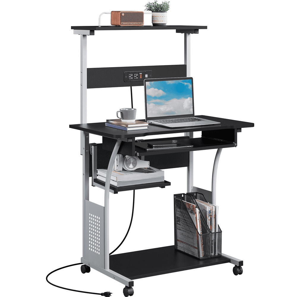 Yaheetech 3 Tier Mobile Computer Desk with Charging Station Multi Level Home Office Desk with Wheels Black Walmart
