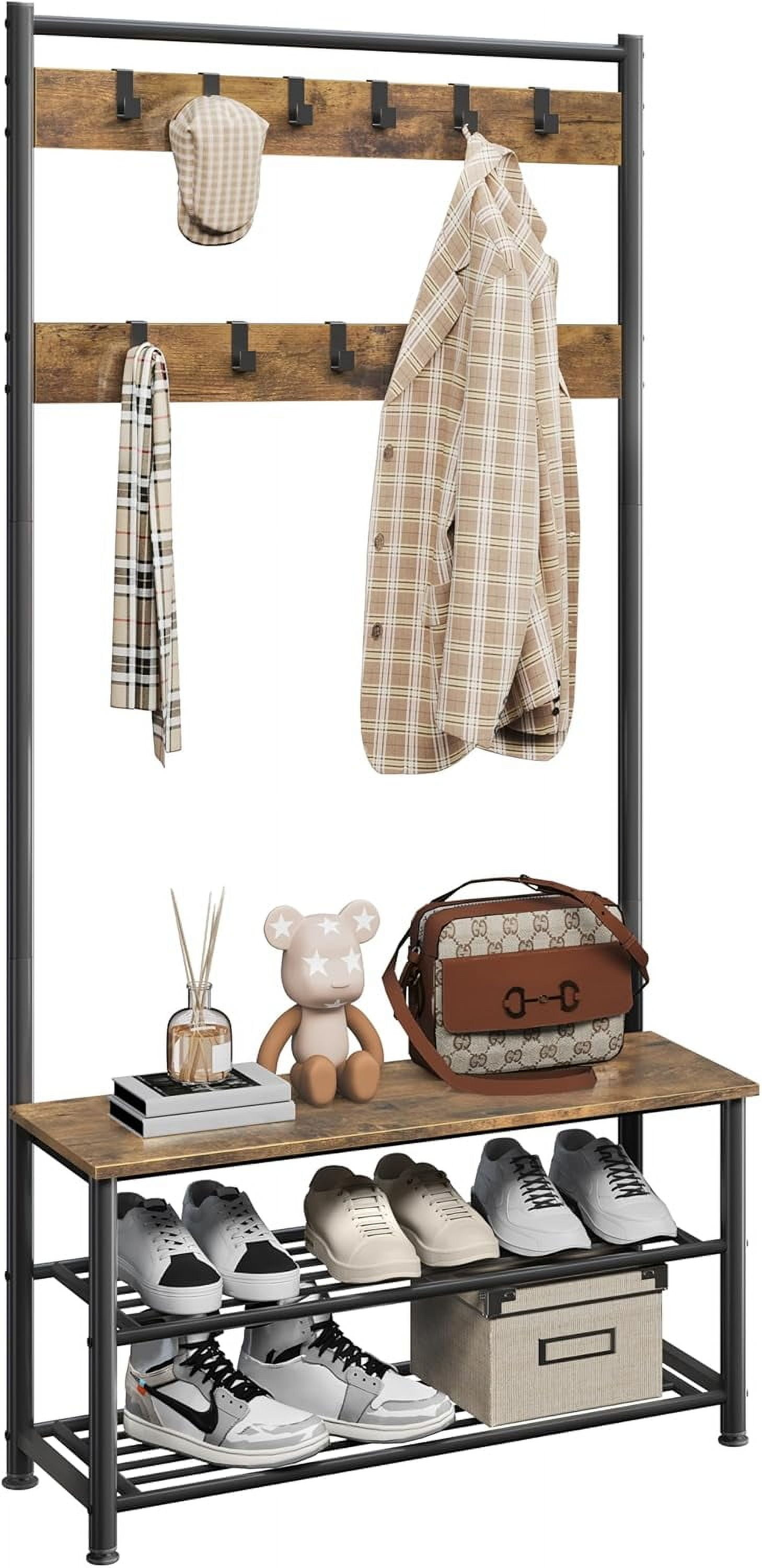 Yaheetech 3-in-1 Hall Tree, Mudroom with Metal Shelves and 11 Removable ...