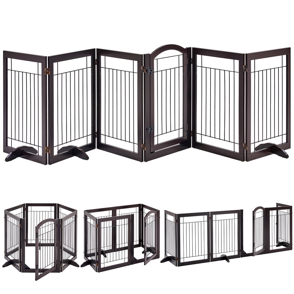 Yaheetech 32'' H 6-Panel Pet Gate with Wood and Wire, Espresso ...