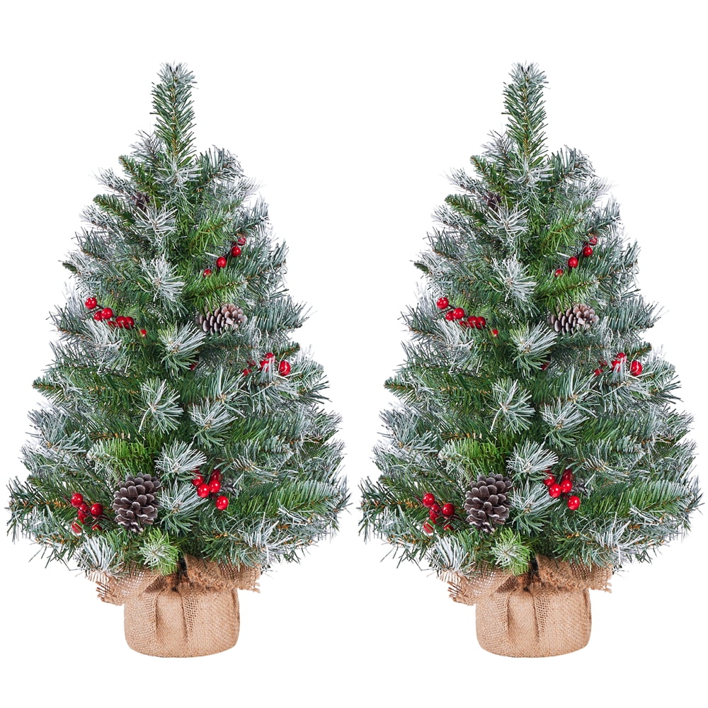 Yaheetech 3ft Pre-Lit Frosted Tabletop Christmas Trees with Pinecones, Set of 2, Green - Walmart.com