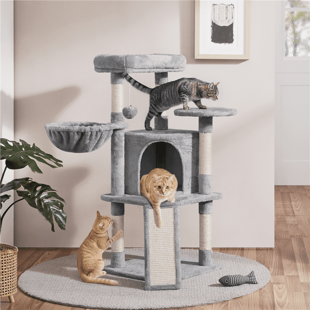 Yaheetech 42inch Tall Cat Tower with Condo Basket Perch Platform, Light ...
