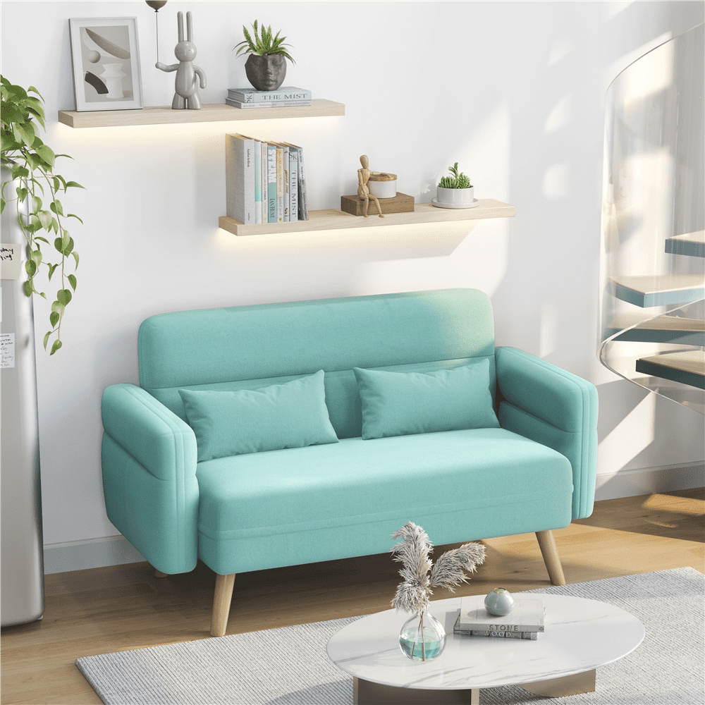 Yaheetech 46'' Modern 2-Seater Sofa, Aquamarine, Solid Wood Legs ...