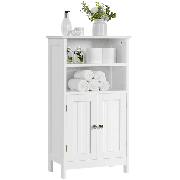 Bathroom Floor Storage Cabinet with Double Door Adjustable Shelf, White ...