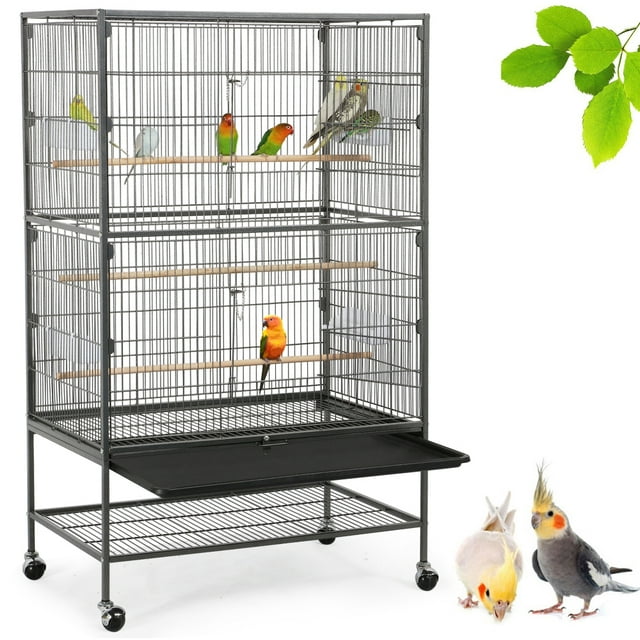 Yaheetech Large 52''H Metal Rolling Bird Cage with 3 Perches, 4 Feeders ...
