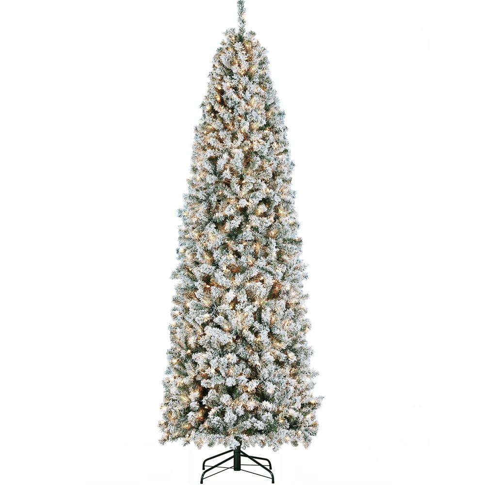 Yaheetech 9ft Prelit Pencil Christmas Tree with Warm Lights, Iron Frame ...