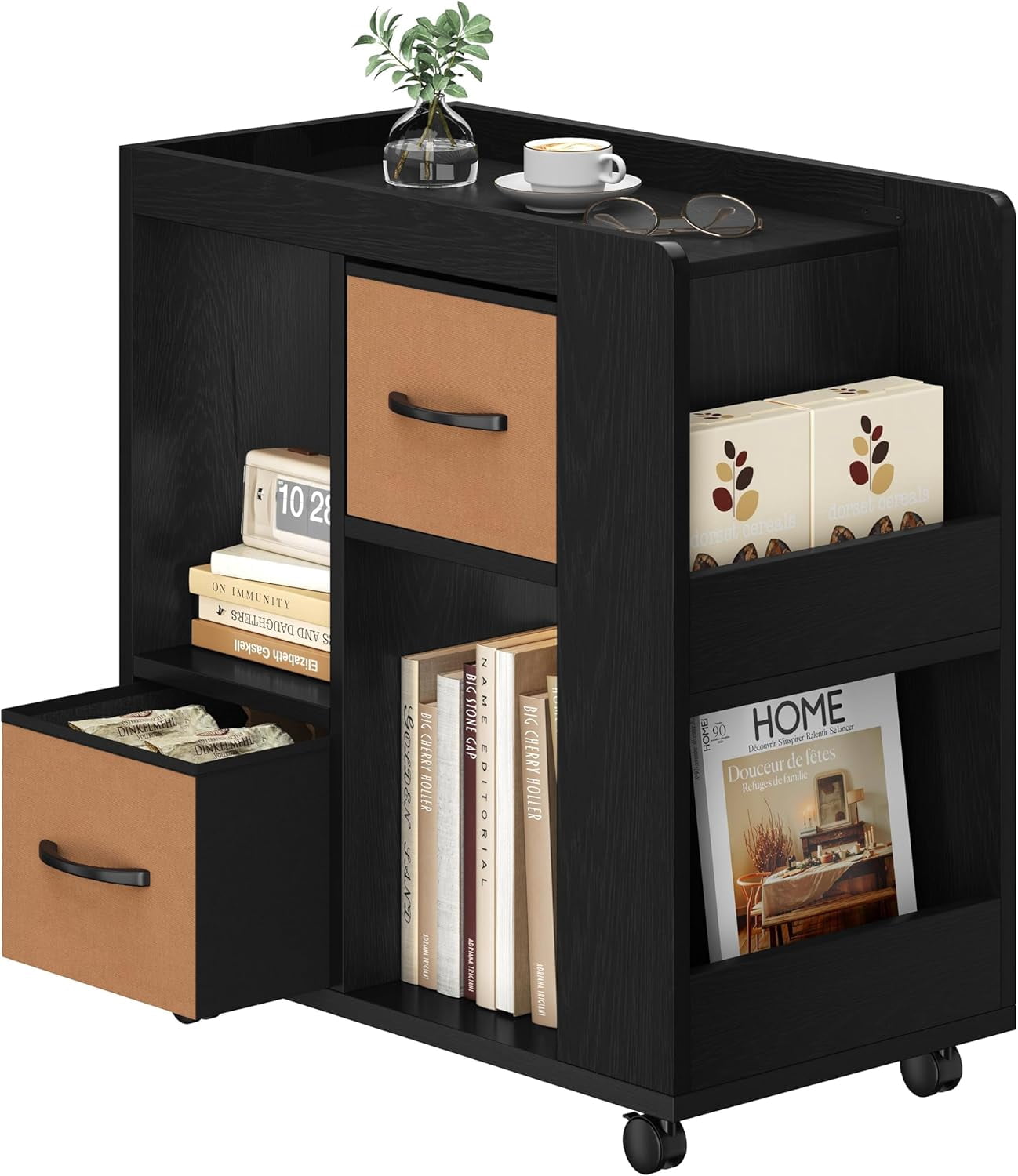 Yaheetech Book Shelf with Storage, Wooden Rolling Bookcase with Wheels ...