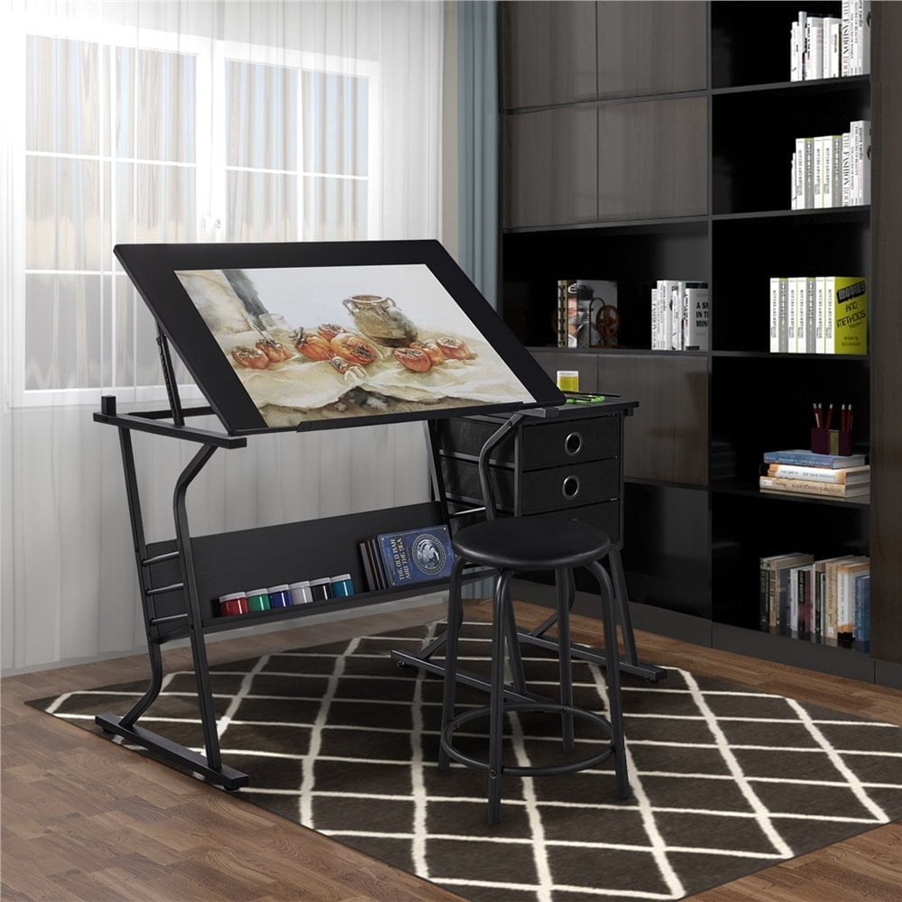 Yaheetech Drafting Table Stool Set with Additional Side Countertop ...