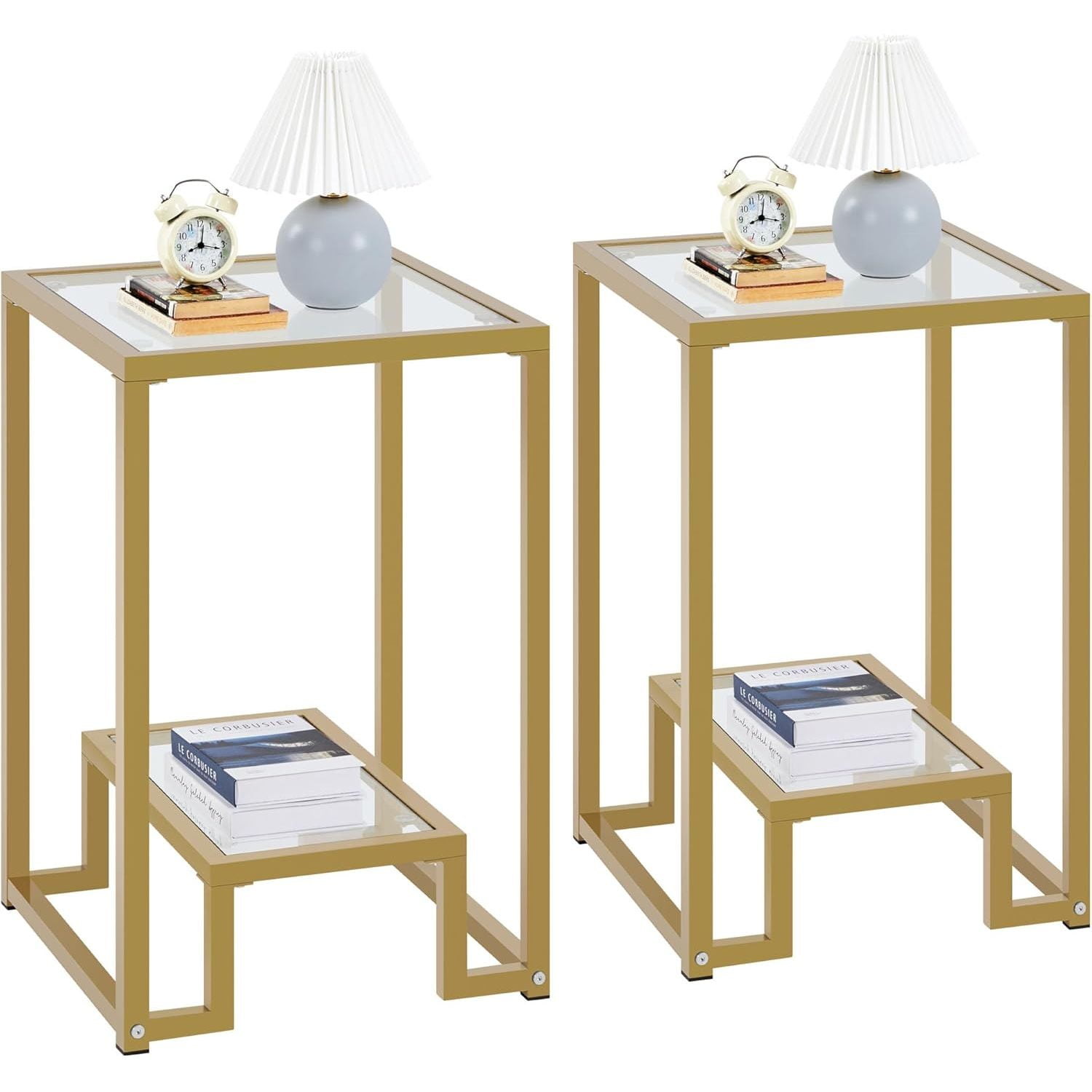 Yaheetech Gold Nightstand Set of 2, Modern Tempered Glass Side Table ...