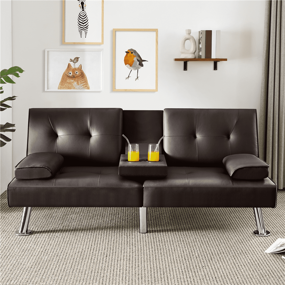 Yaheetech Modern Faux Leather Futon Sofa Bed, Small Spaces, Metal Legs ...