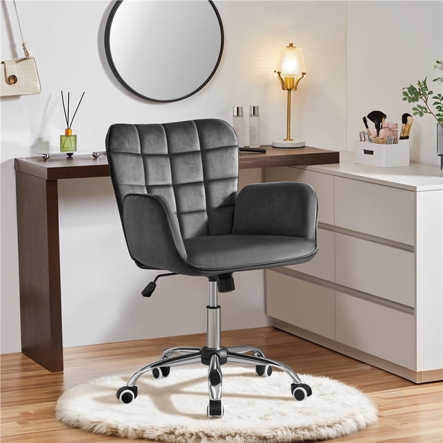 Yaheetech Modern Velvet Desk Chair with Padded Armrests, Dark Gray ...