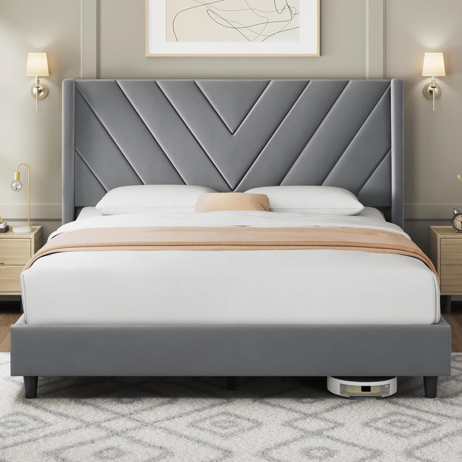 Yaheetech Queen Bed Frame Upholstered Platform Bed with Wing Side ...