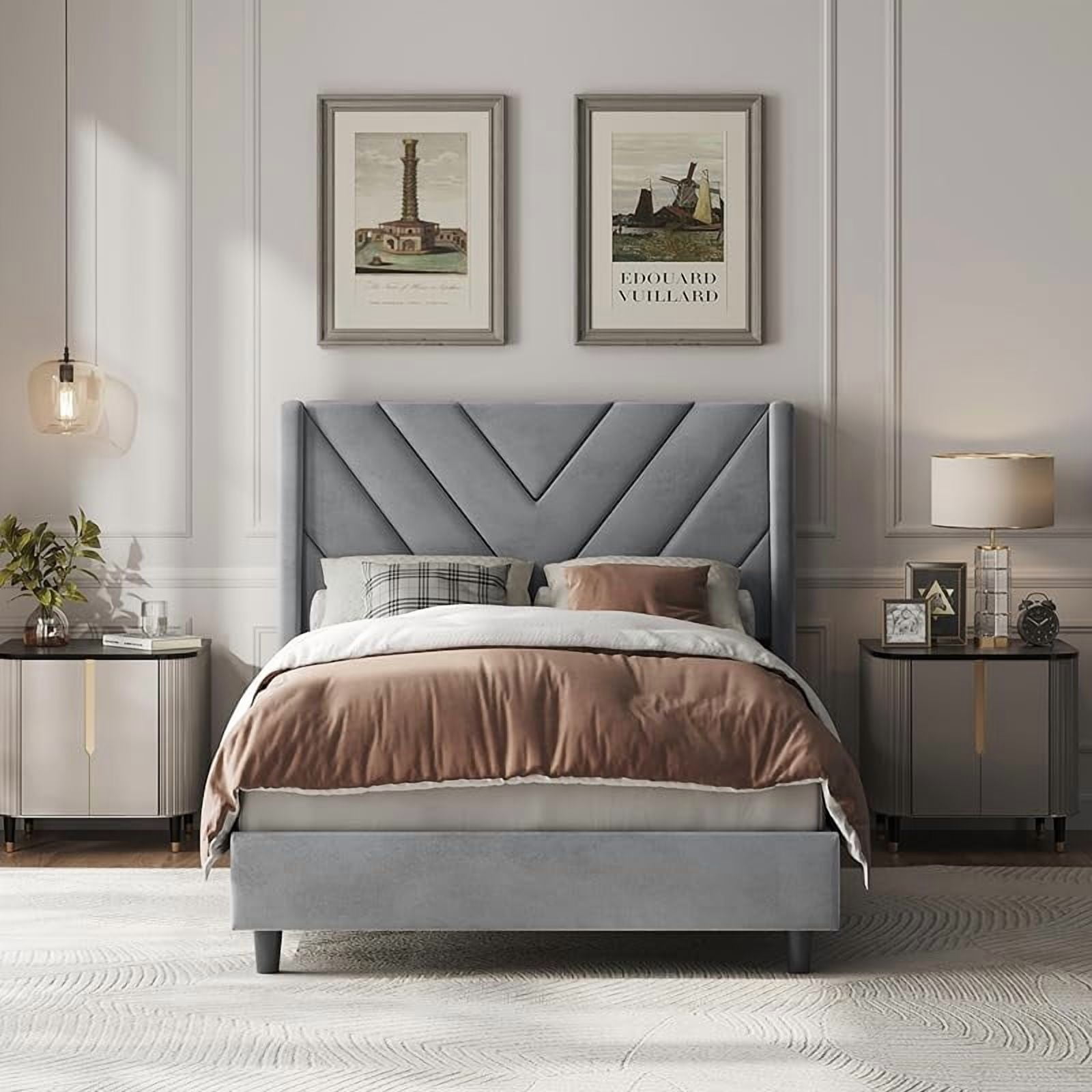 Yaheetech Queen Bed Frame Upholstered Platform Bed with Wing Side ...