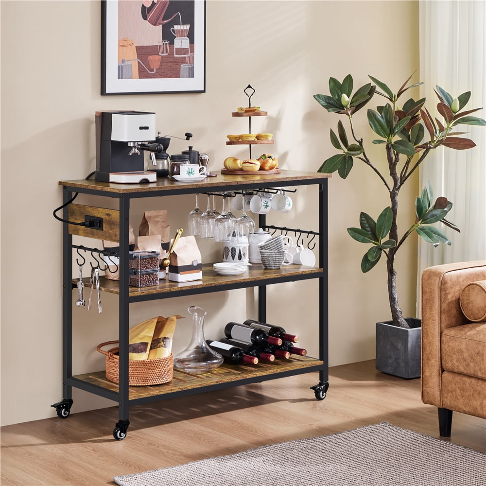 Yaheetech Rustic Rolling Kitchen Island Cart with Charge Station ...