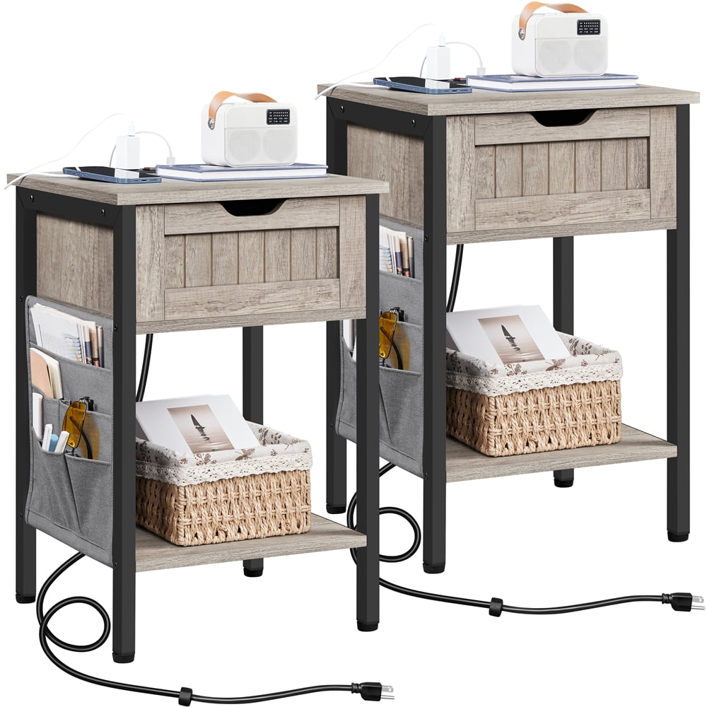 Yaheetech Set of 2 Powered Nightstands with Drawer, Bedroom Charging ...