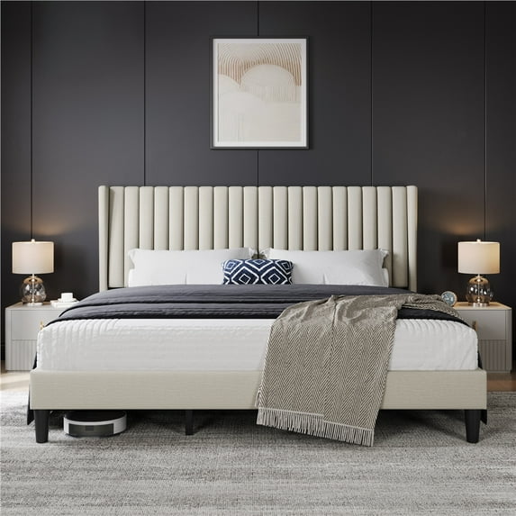 Yaheetech, Upholstered Platform Bed Frame, King, Ivory - Walmart.com