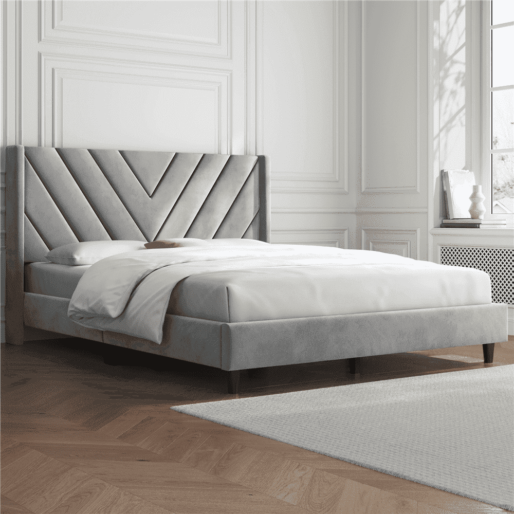 Yaheetech Upholstered Platform Bed Frame, Full, Light Gray, Wooden Slat ...