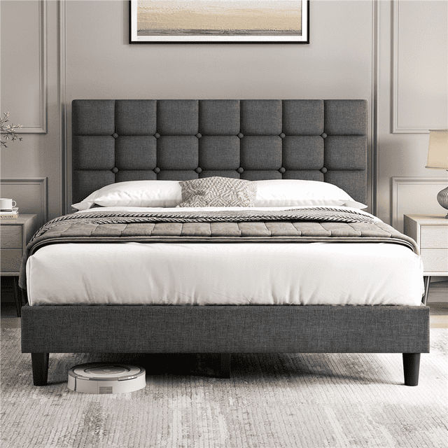 Yaheetech Upholstered Platform Bed with Square Tufted Headboard, Queen ...