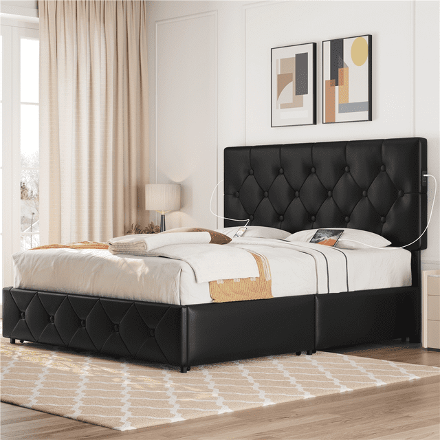 Yaheetech Modern Upholstered Queen Bed Frame with Adjustable Headboard ...