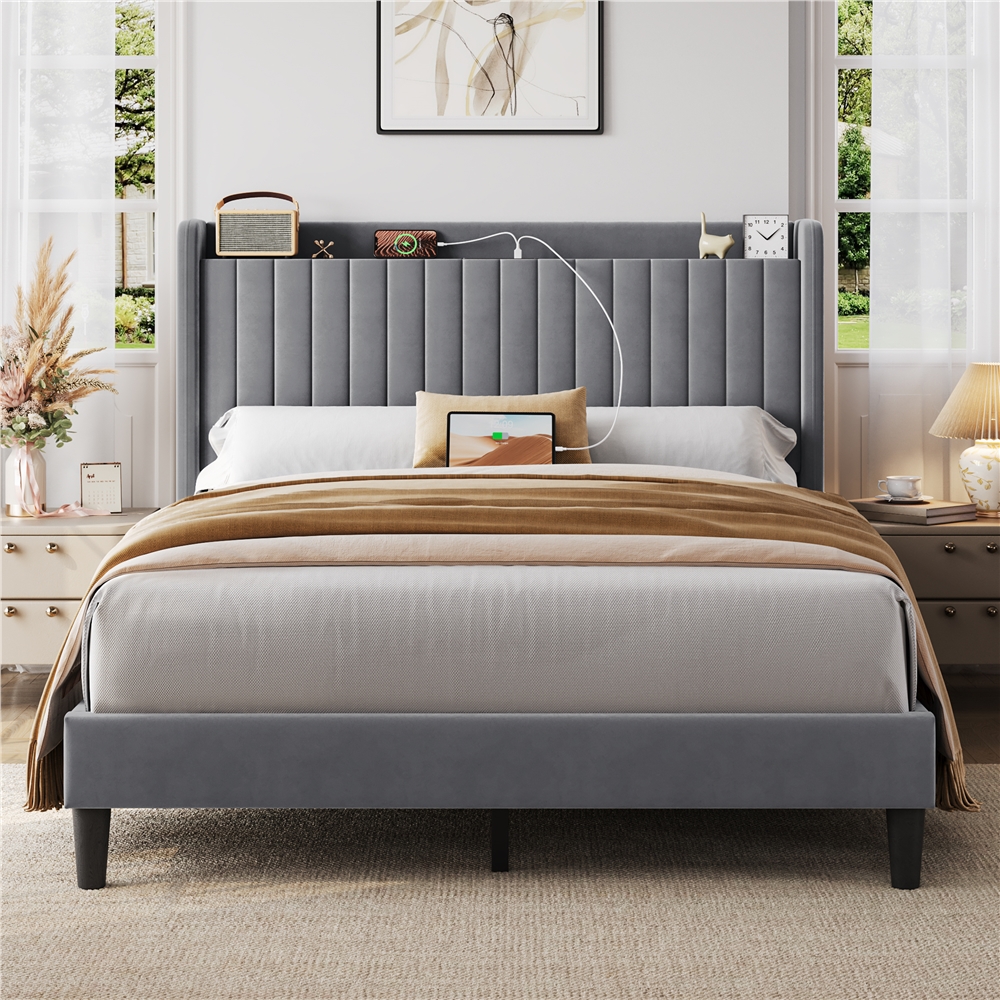 Yaheetech Velvet Platform Bed with Charging Outlets and USB Ports ...