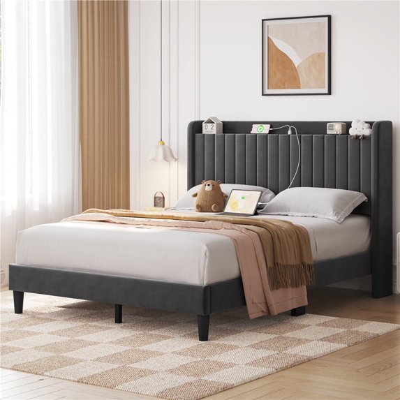 Yaheetech Queen Size Velvet Platform Bed with Charging Outlets and USB ...