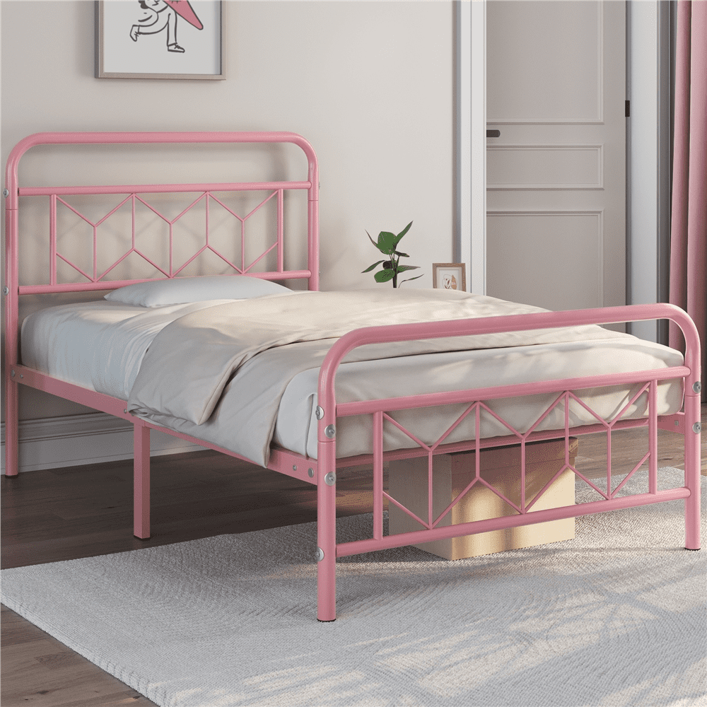 Yaheetech Vintage Twin Size Metal Bed Frame with Diamond Pattern,Pink ...