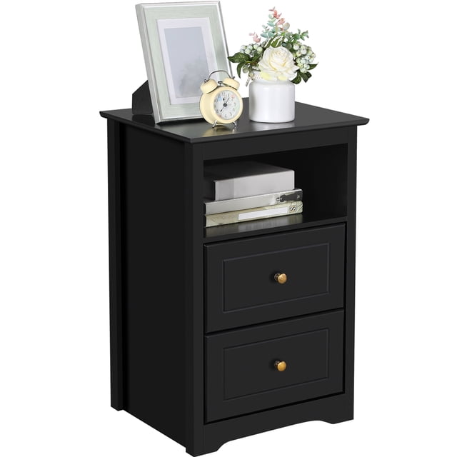 Yaheetech Wooden Nightstand with Storage Drawers and Open Shelf, Black ...