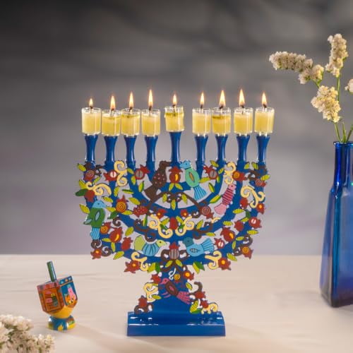 Yair Emanuel Large Blue Menorah with a Tree Design and Birds in Lazer ...