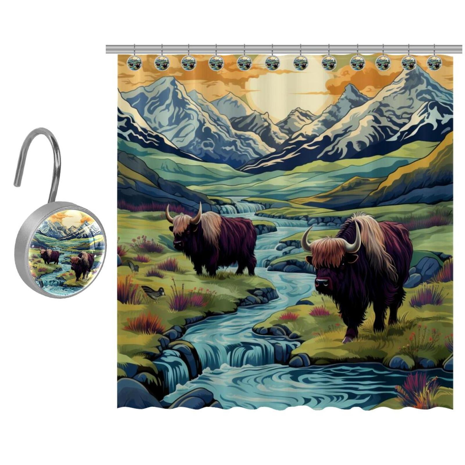 Yak Bathroom Decor Set | Includes Shower Curtain, Stainless Steel Hooks ...