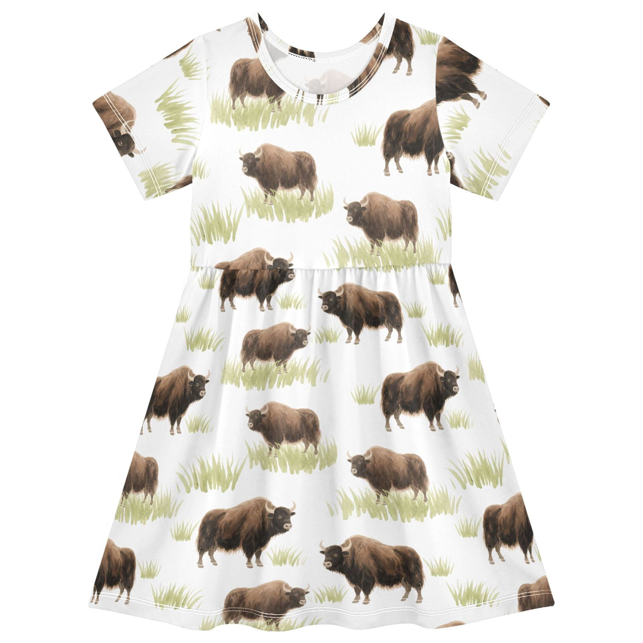 Yak Grass Short Sleeve Dress A-Line Cute Midi Casual Sundress 2-8 Years ...
