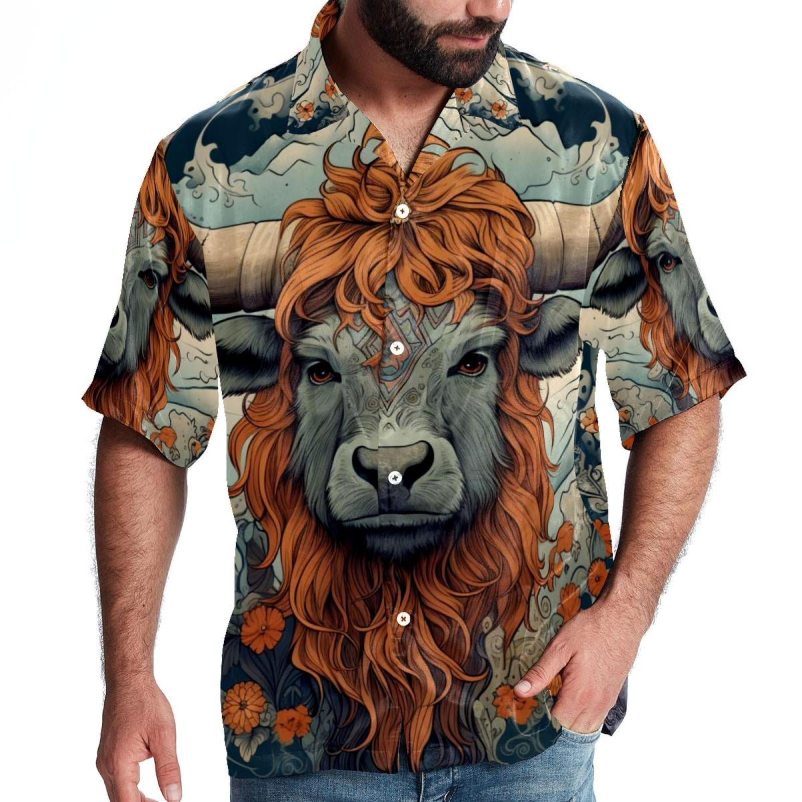 Yak Men's Short Sleeve Shirts with Spread Collar Tops, Casual Printed Poplin Shirt, Button Down ...