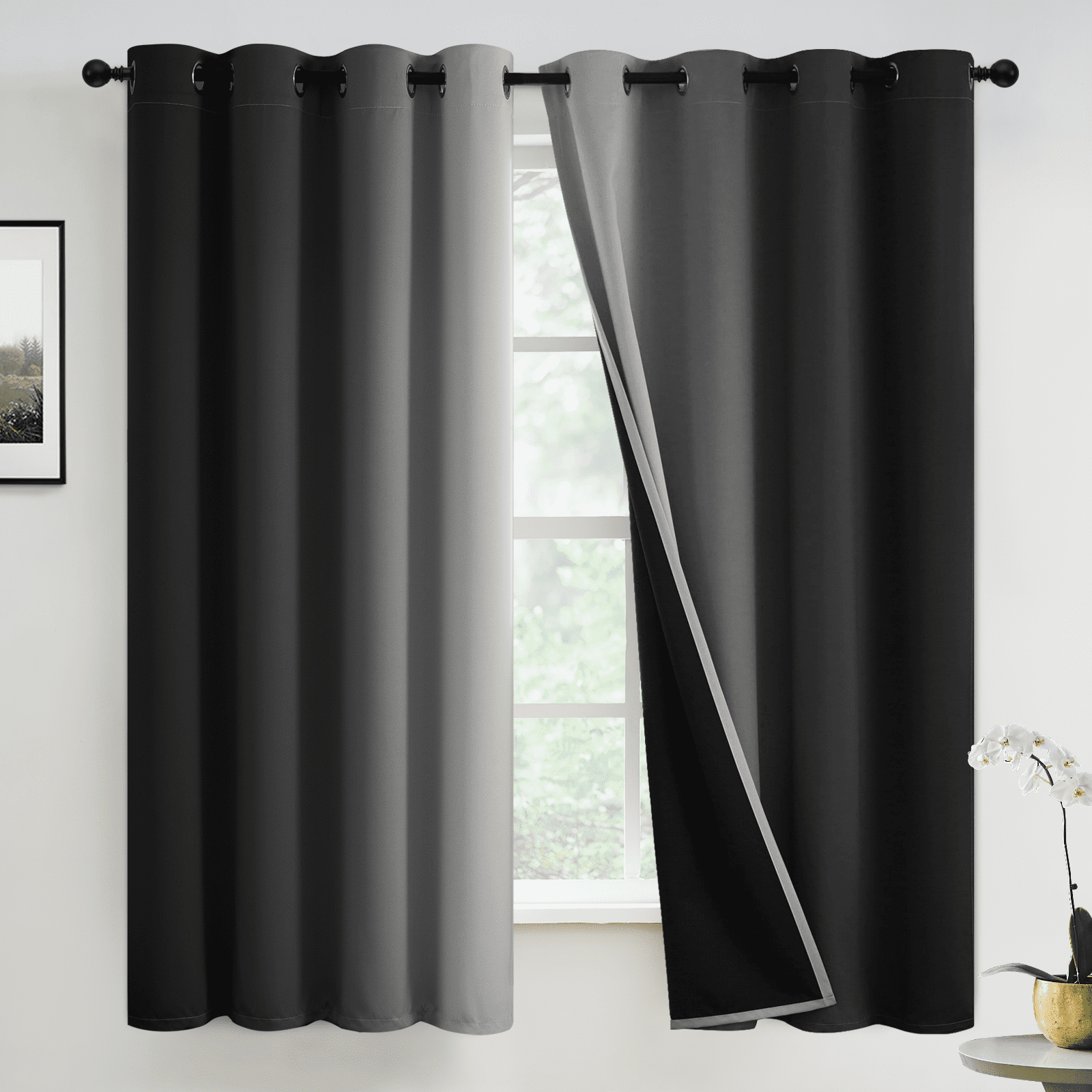 Yakamok 100% Blackout Curtains for Bedroom,Ombre Room Darkening Black Grommet Window Curtains 95 ...