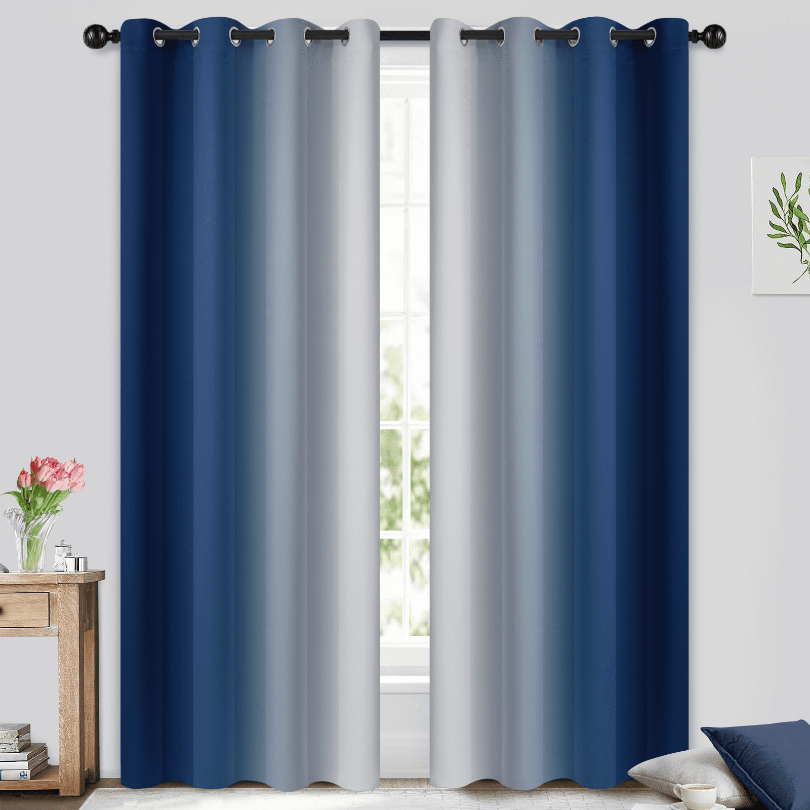 Yakamok Grommet Light Blocking Blackout Ombre Blue Curtains for Bedroom ...