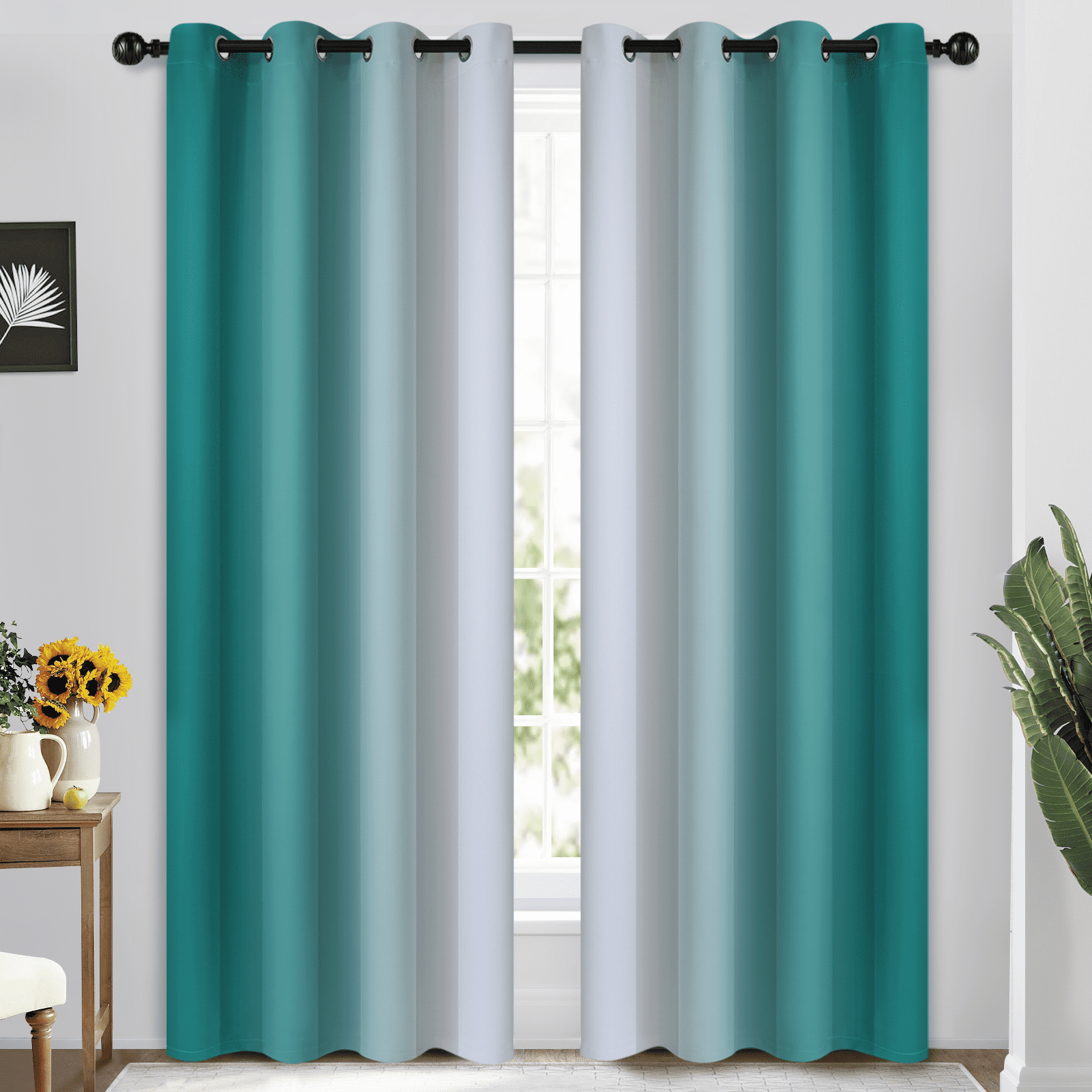 Yakamok Grommet Light Blocking Teal Blackout Ombre Curtains,Room ...