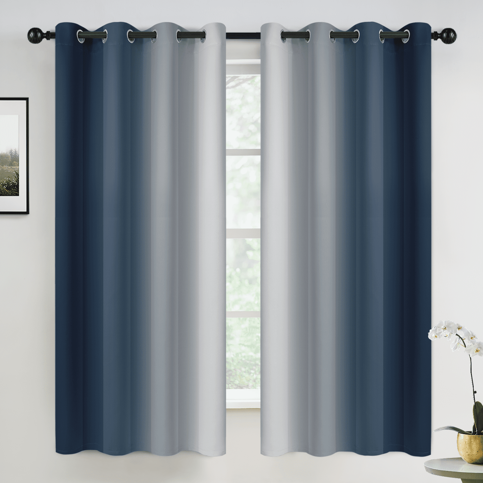 Yakamok Grommet Navy Blue Blackout Ombre Curtains,Room Darkening Window Drapes for Bedroom ...