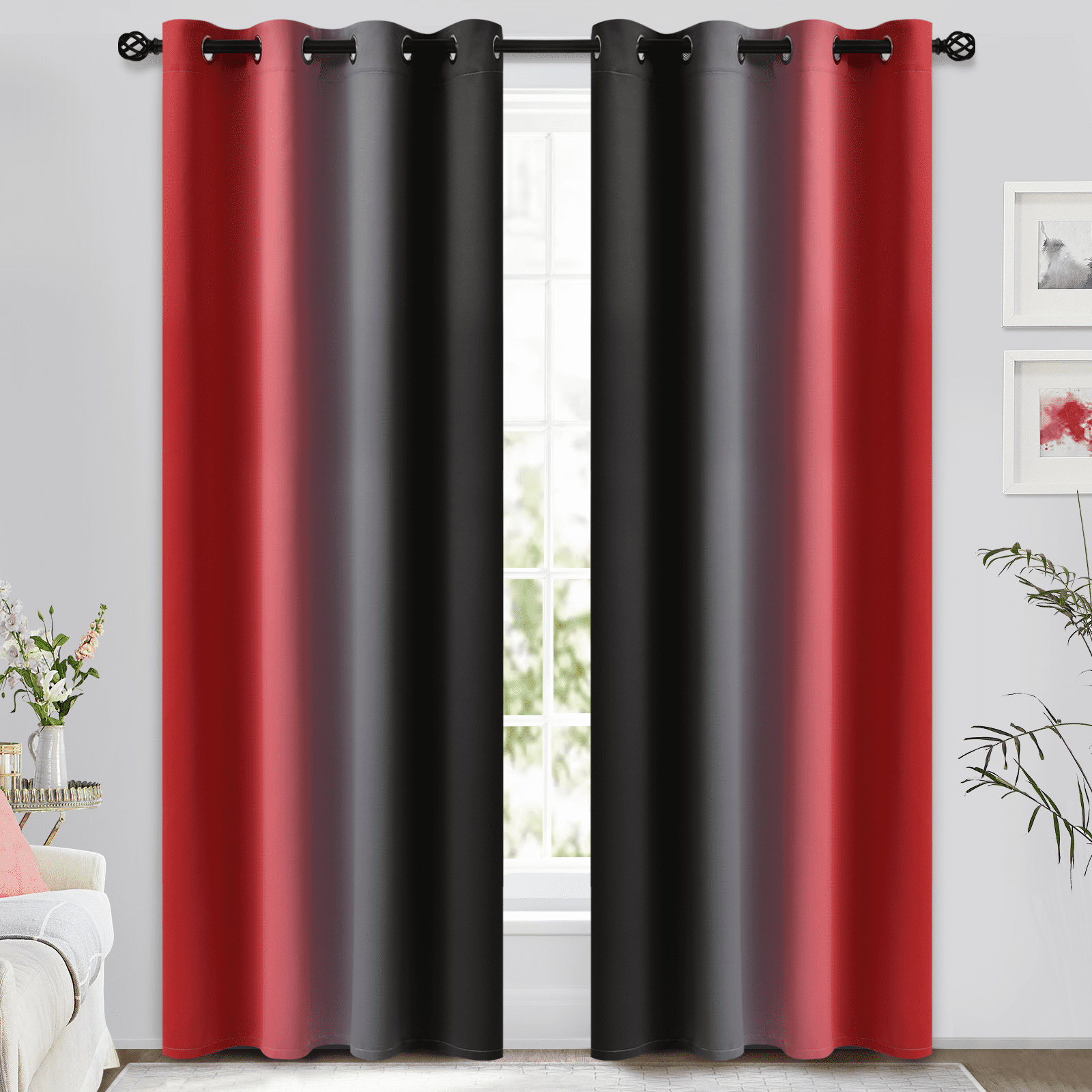 Yakamok Set of 2 Red and Black Ombre Grommet Room Darkening Curtains ...