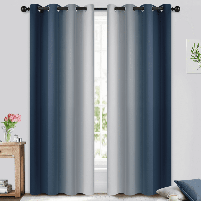 Yakamok Navy Blue Curtain for Bedroom Living Room Blackout Ombre Curtains Grommet Light Blocking Room Darkening Window Drapes 2 Panels 52x84 inches