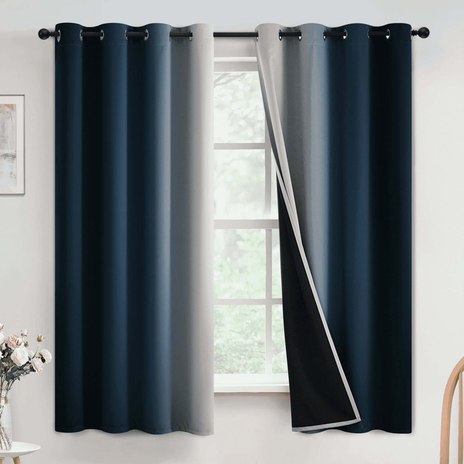 Yakamok Ombre 100% Blackout Curtains for Bedroom, Room Darkening Gradient Navy Blue Curtains for ...