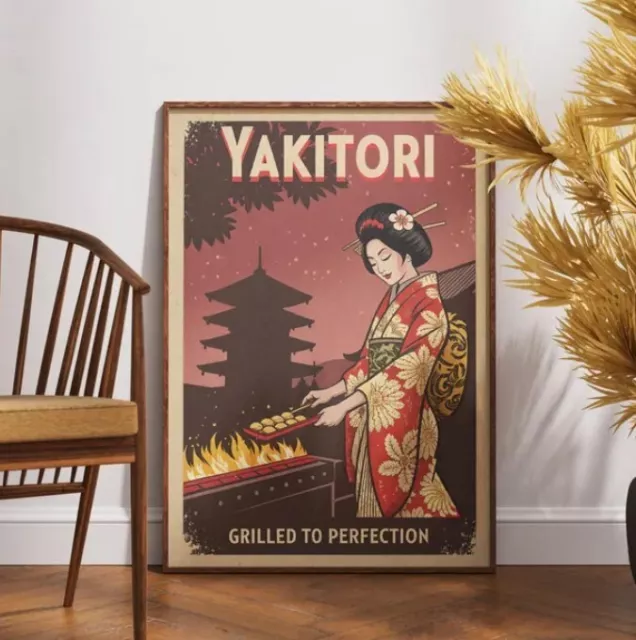 Yakitori Geisha Poster, Retro Japanese Art, Grilled Food Print NO ...