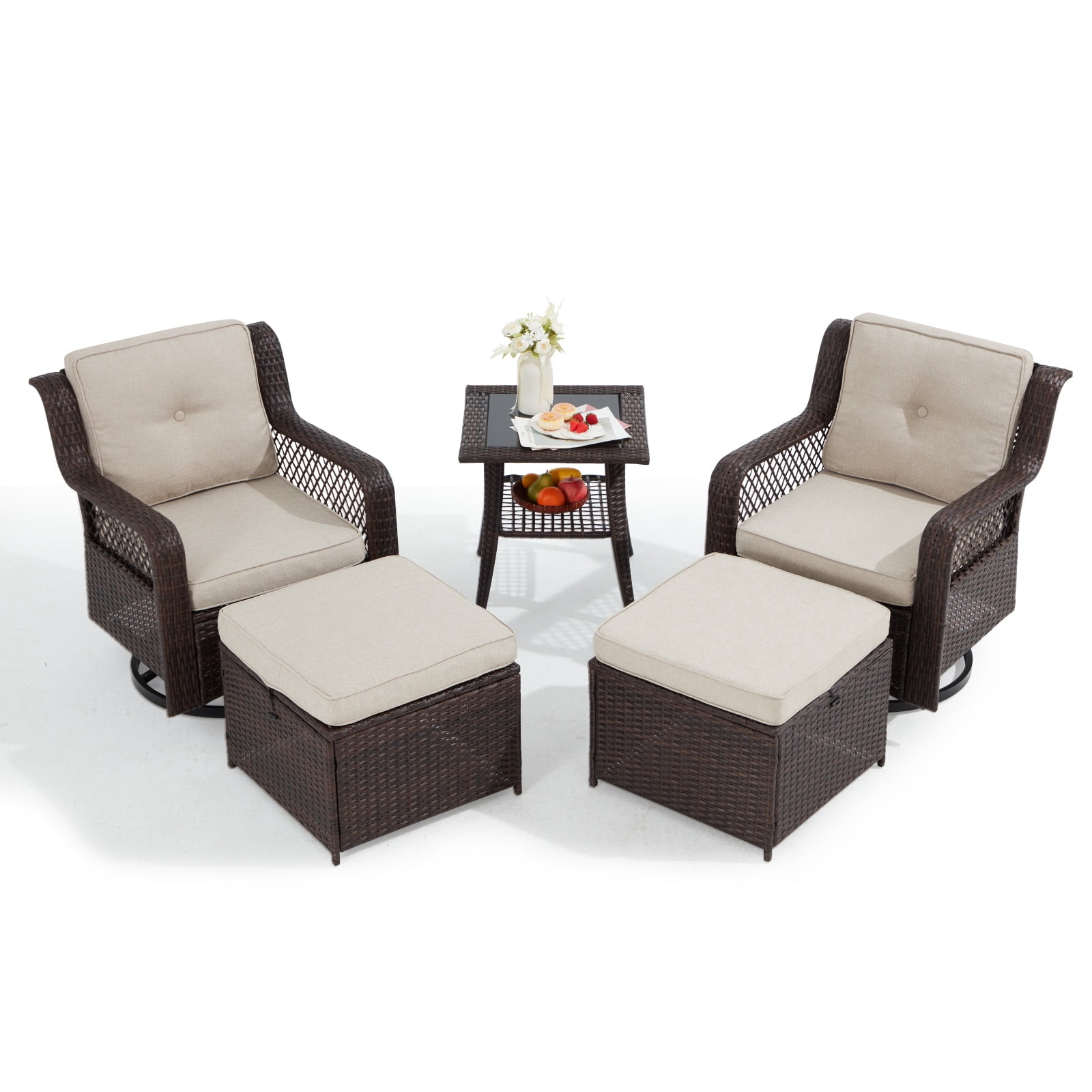 Yalissey 5PCS Outdoor Swivel Gliders Set with Ottoman Table, 360-Degree ...