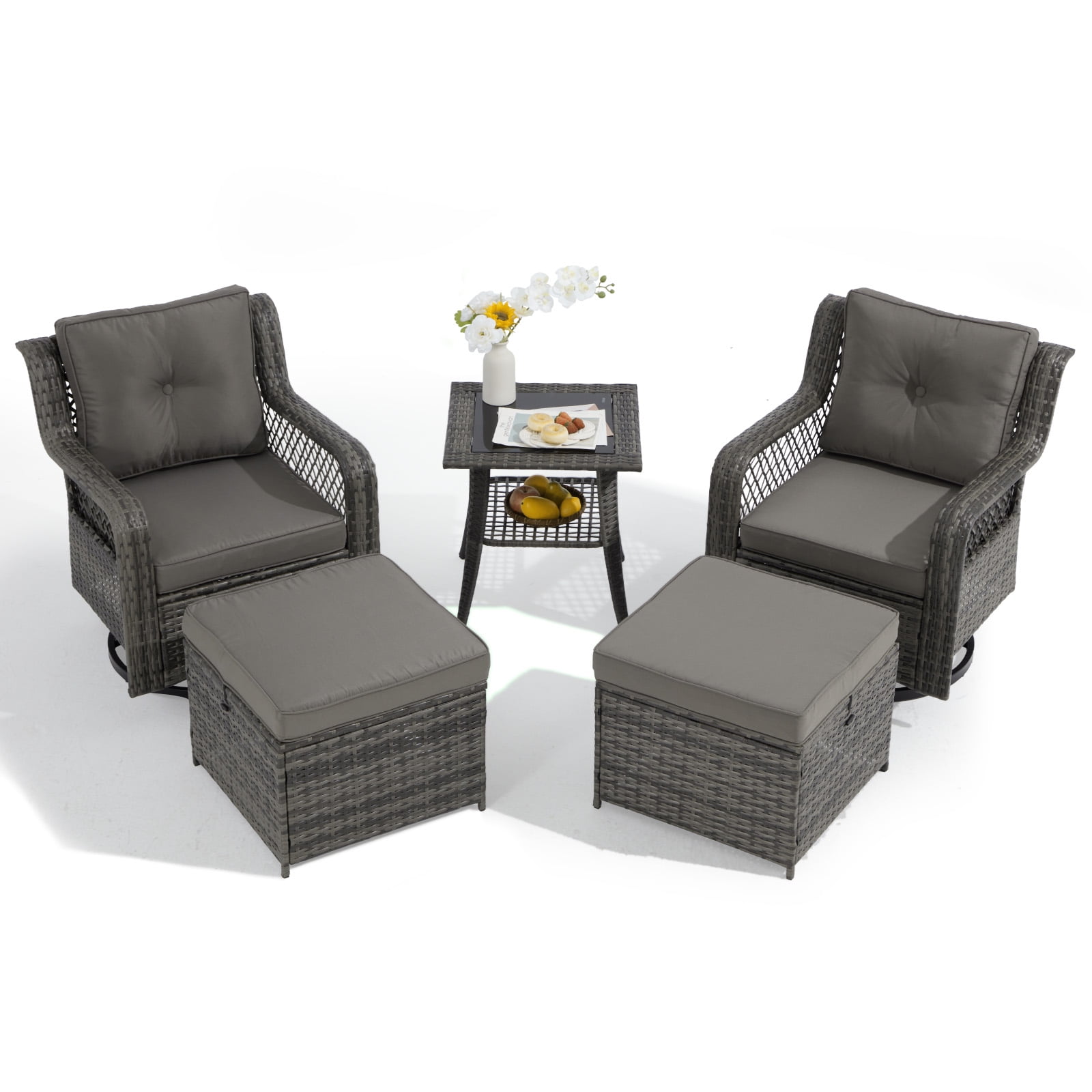 Yalissey 5PCS Outdoor Swivel Gliders Set with Ottoman Table, 360-Degree ...